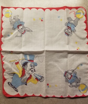 Vintage Childrens Hankie CIRCUS Child Handkerchief Bear Dog Bunny Ball ...