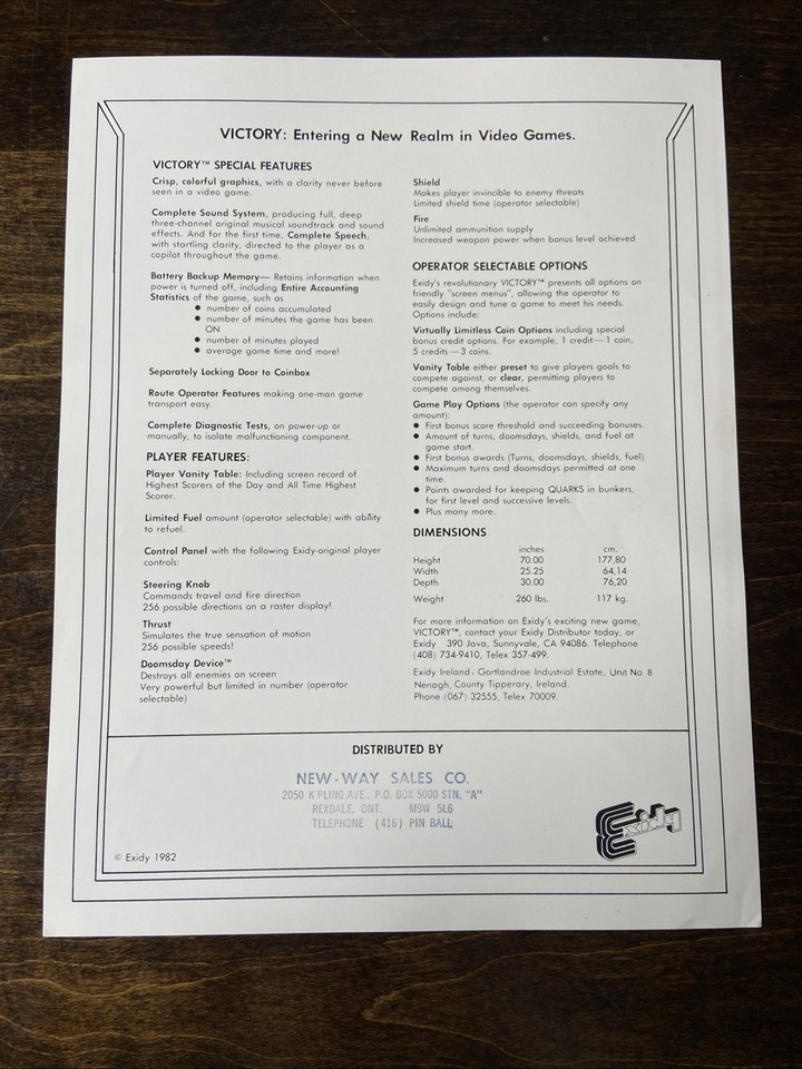 Exidy Victory Arcade Pinball FLYER Original Ad Promo 1982 Poster Not ...