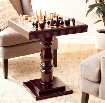 Solid Wood Pedestal Chess End Table Game Board Top Mahogany Finish Side ...
