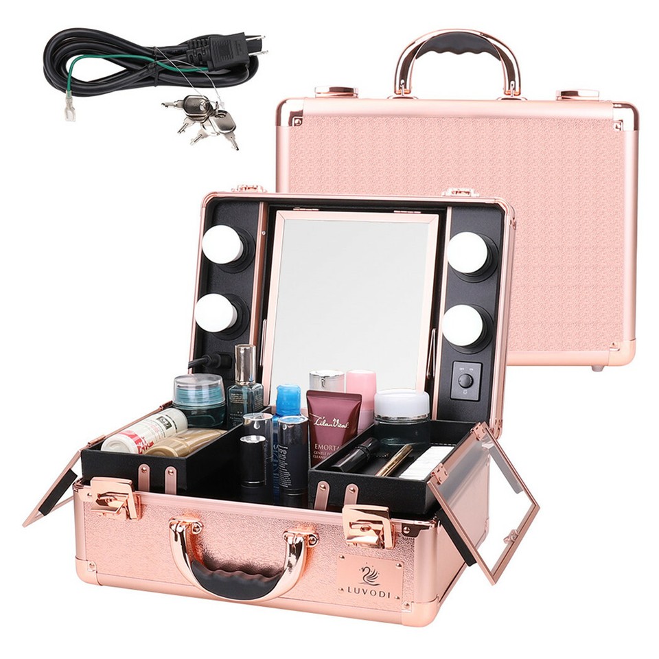 Lockable Makeup Case LED Lighted Table Desk Vanity Mirror 2-Tier Tray ...