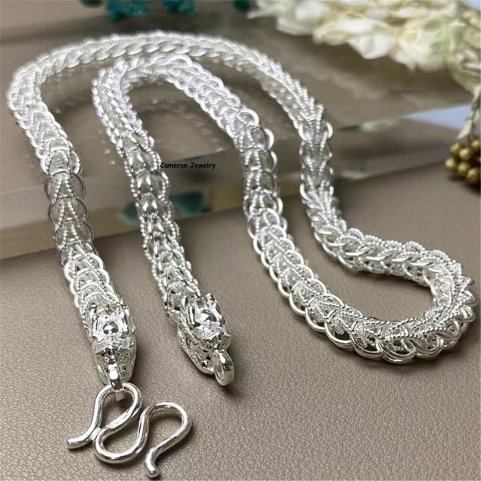 Solid S999 Fine Silver 999 Chain 10mm Dragon Double Wheat Link Necklace ...