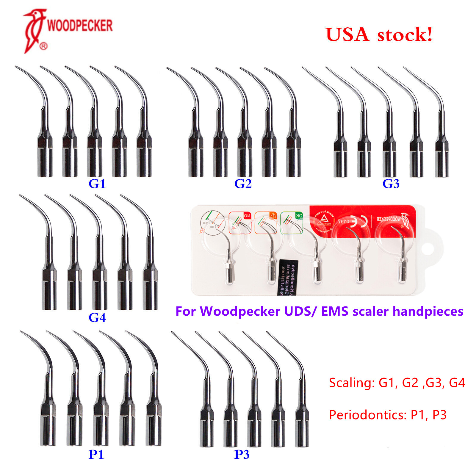 5PCS Woodpecker Ultrasonic Scaler Endo Perio Tips fit UDS-E UDS-P/ UDS ...
