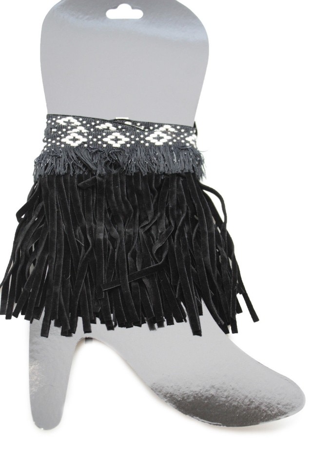 Women Winter Boot Toppers Black Boho Chic Long Fringe Knee High White ...
