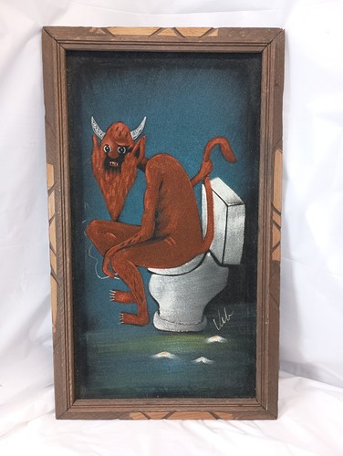 Black Velvet Painting Devil On The Toilet 13x22" carved wood frame ...
