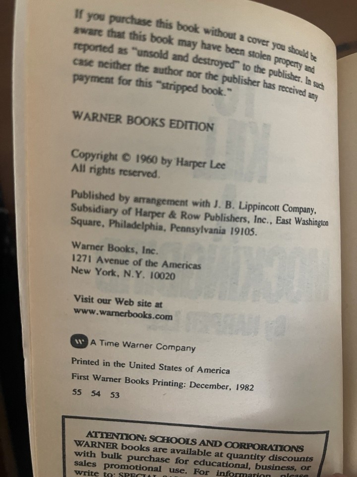 To Kill A Mockingbird Harper Lee 1960 Warner Books Southern Lit ...