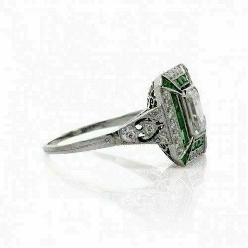 3CT Emerald Lab Created Diamond Art Deco Vintage Antique Ring 14K White ...
