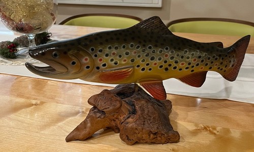 BOB BERRY signed brown trout wood carving with burl wood base 1987 | eBay