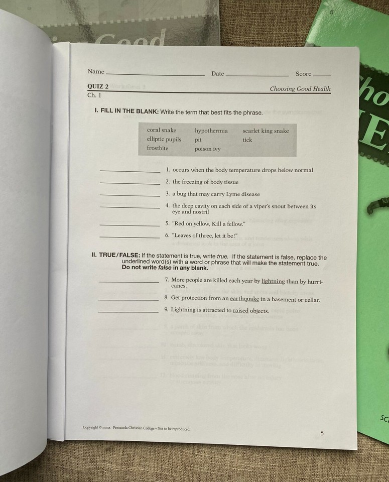Homeschool A Beka Book Choosing Good Health Quiz test worksheets ...