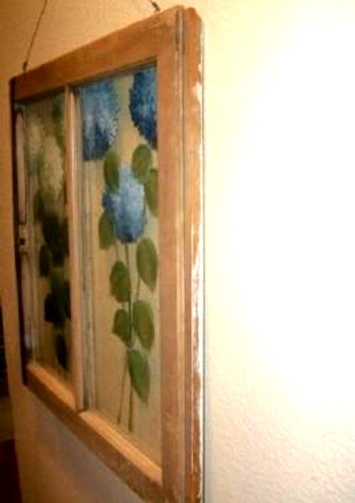 Antique Double Pane Window Architectural Salvage Hydrangea Painting ...