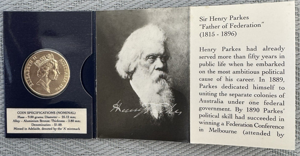 1996 $1 One Dollar Sir Henry Parkes Mintmark "A" Uncirculated Coin RAM ...