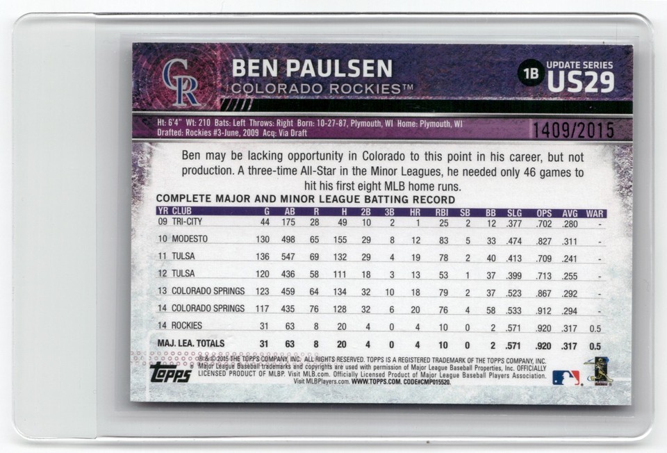 2015 Topps Update Series Ben Paulsen #US29 Gold /2015 (RC) COLORADO ROCKIES | eBay