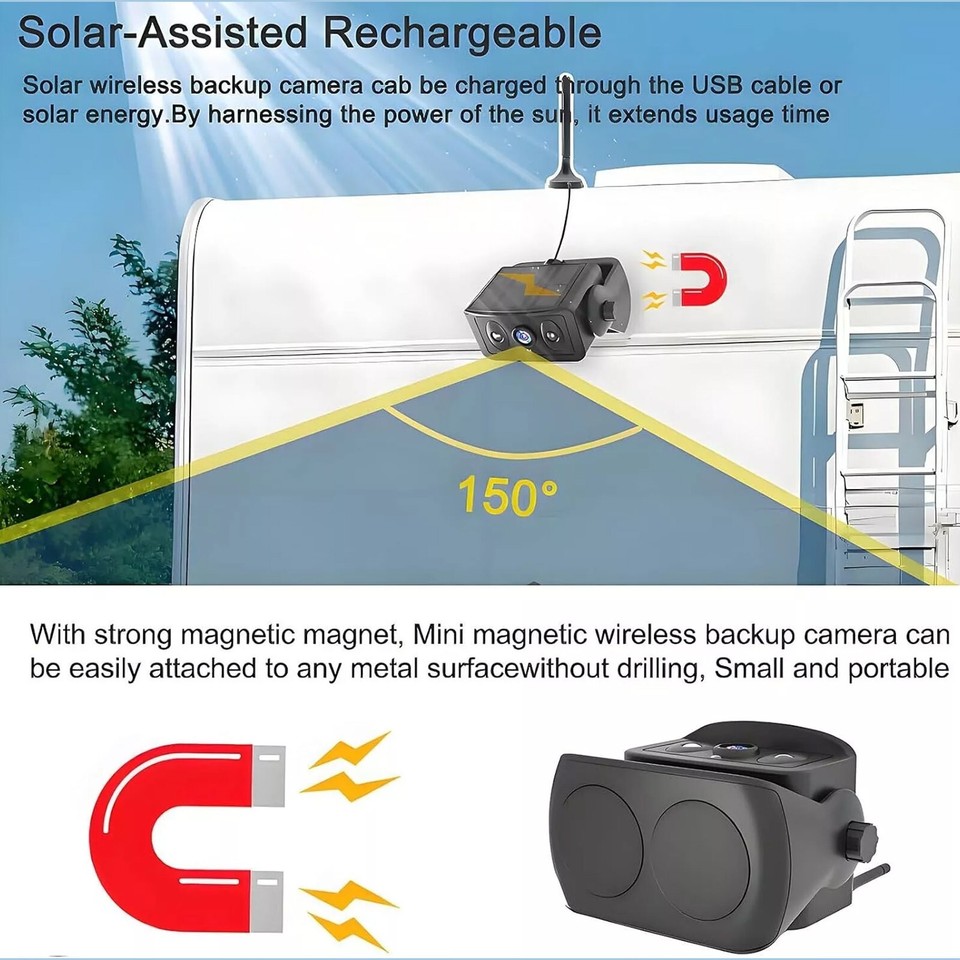 7" DVR Reverse Monitor Wireless Magnetic Solar Backup Camera for Truck ...