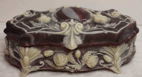 Maroon / Red Incolay Stone Jewelry Trinket Box Cherubs Roses Art ...