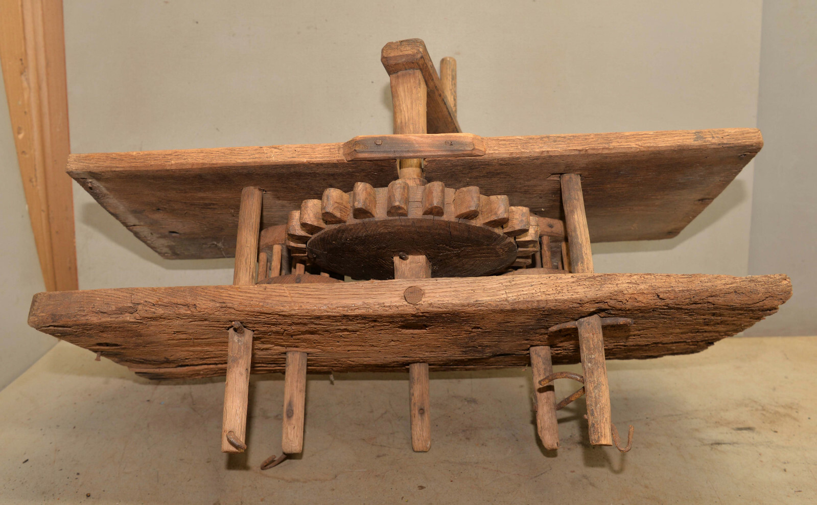 Antique primitive wooden gear rope making machine museum quality early ...