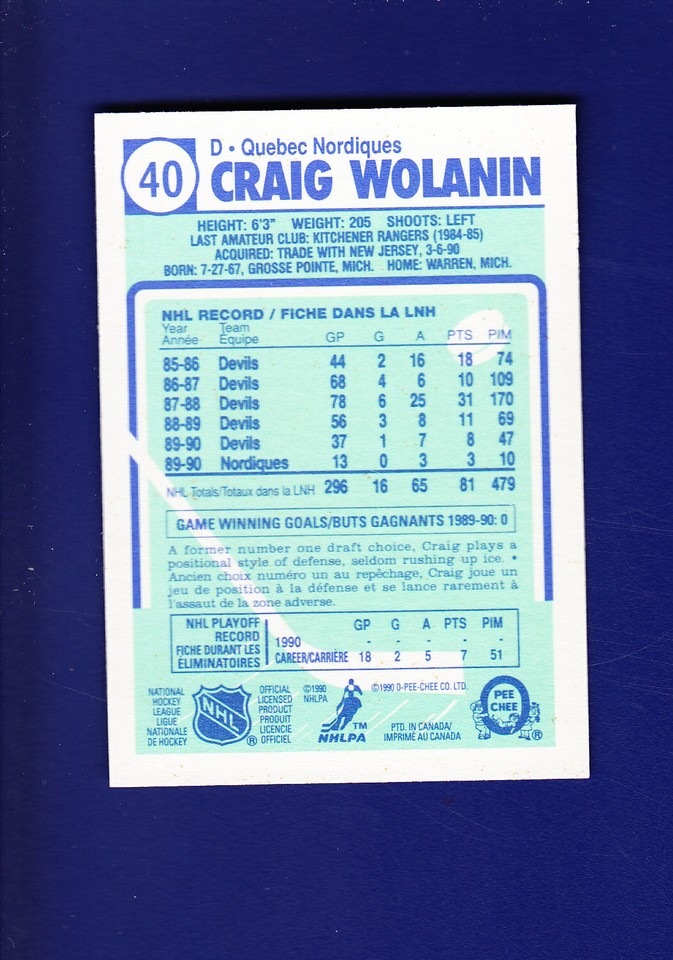 Craig Wolanin RC 1990-91 O-PEE-CHEE OPC NHL Hockey #40 (MINT) Quebec ...