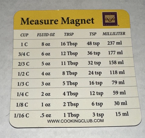 Cooking Club Vintage Magnet Chart NOS 3.5x3.5 Conversion Kitchen Recipe ...