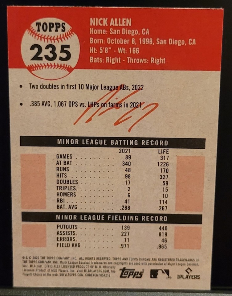 2022 Topps Chrome Platinum Anniversary Nick Allen #235 RC X-Fractor ...