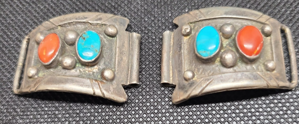 Vintage Native American Sterling Silver Turquoise Coral Watch Band Tips ...
