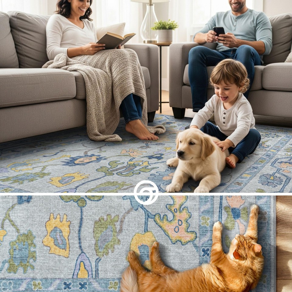 Blue Oushak Area Rug 4x6 - Washable Vintage Turkish Floor Cover ...