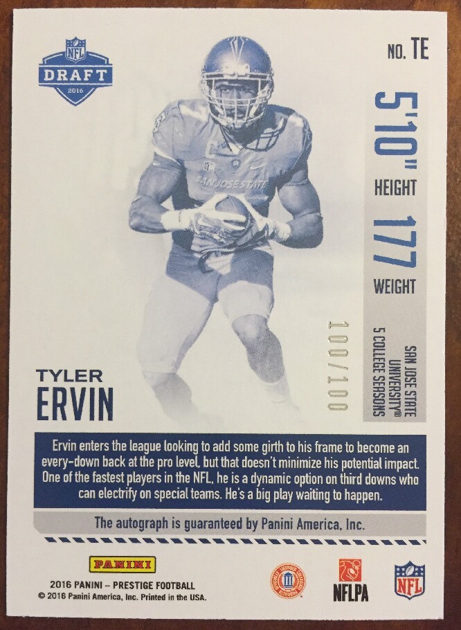 TYLER ERVIN - 2016 Prestige ROOKIE AUTOGRAPHS XTRA POINTS PURPLE [100/ ...
