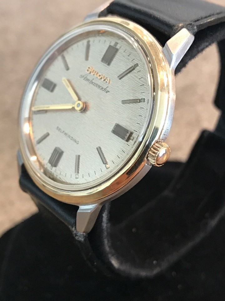 BULOVA AMBASSADOR MICRO ROTOR AUTOMATIC SLIM DRESS 14k GOLD BEZEL 1967 ...
