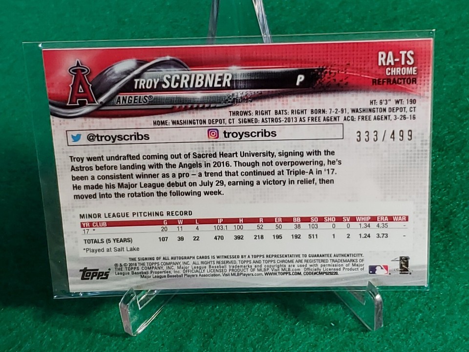2018 Topps Chrome #RA-TS Troy Scribner RC Auto /499 Troy Scribner Angels Rookie | eBay