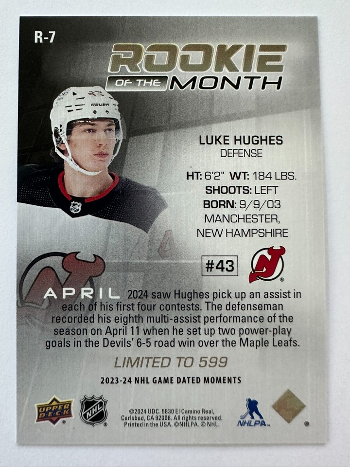 2023-24 UD Game Dated Moments - Luke Hughes - Rookie of Month April - 1 ...