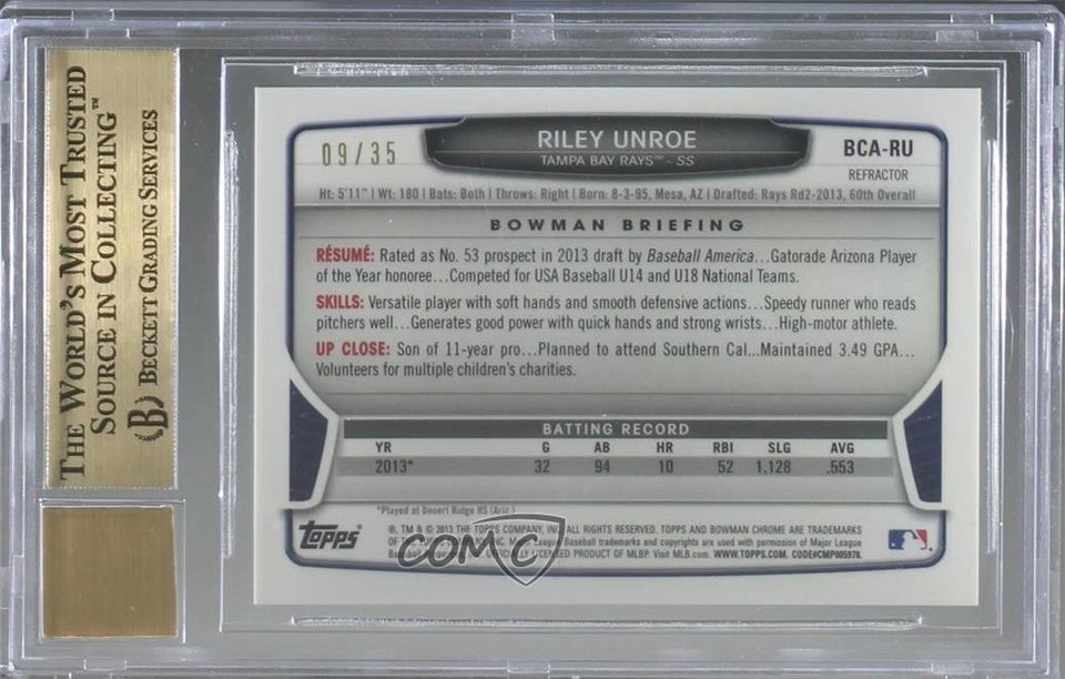 2013 Bowman Draft Chrome Prospect Black Refractor /35 Riley Unroe BGS 9 ...
