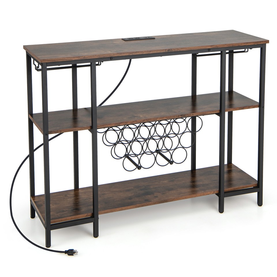 Wine Cabinet Bar Table Wine Rack Table for Drinks Glasses w/ Power ...