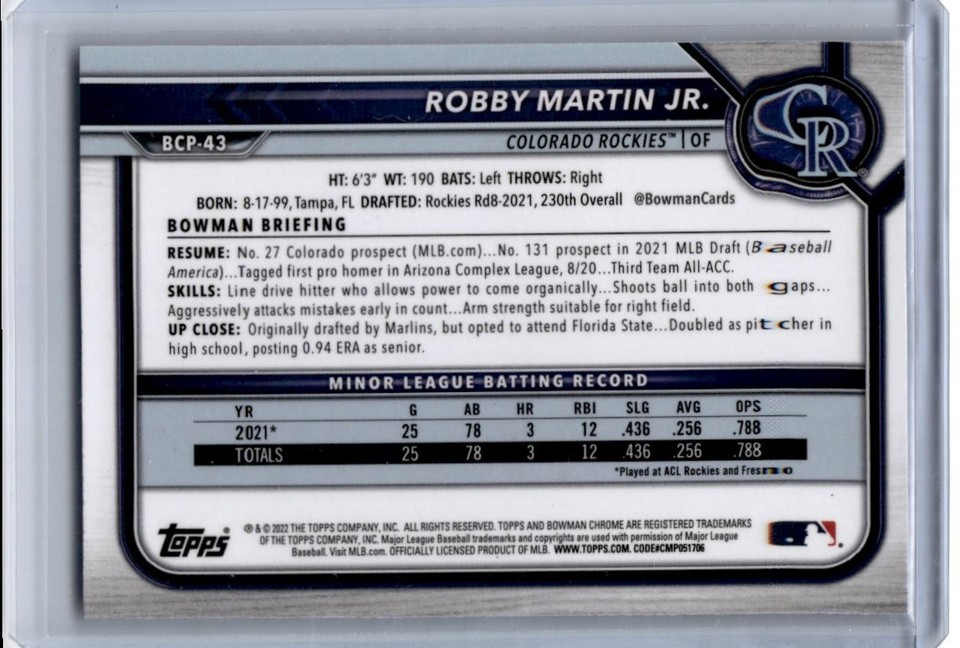 2022 Bowman Chrome Prospects Robby Martin Jr. Colorado Rockies #BCP-43 ...