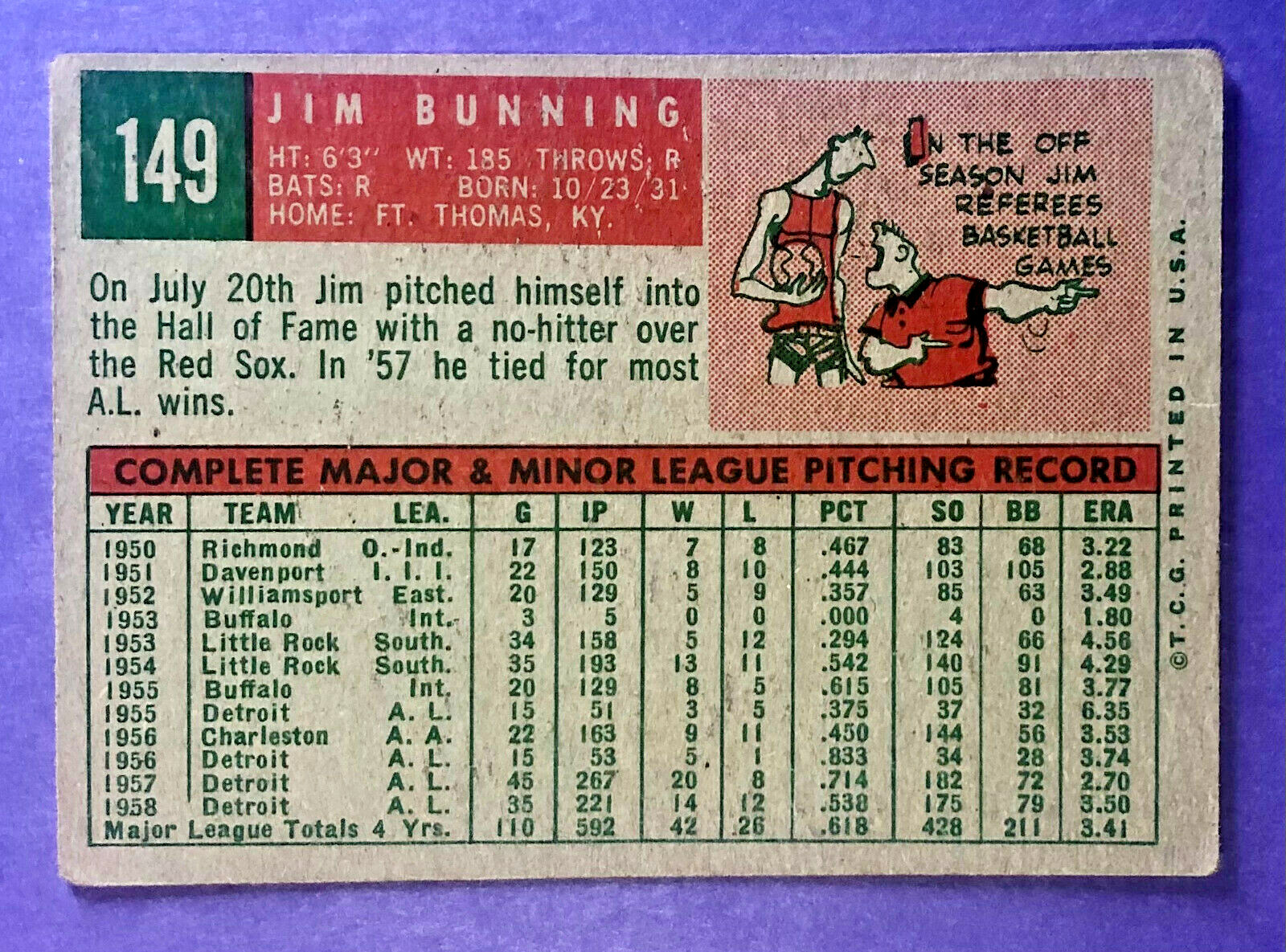 1959 Topps Jim Bunning #149 Baseball Detroit Tigers (9x All-Star/Hall ...