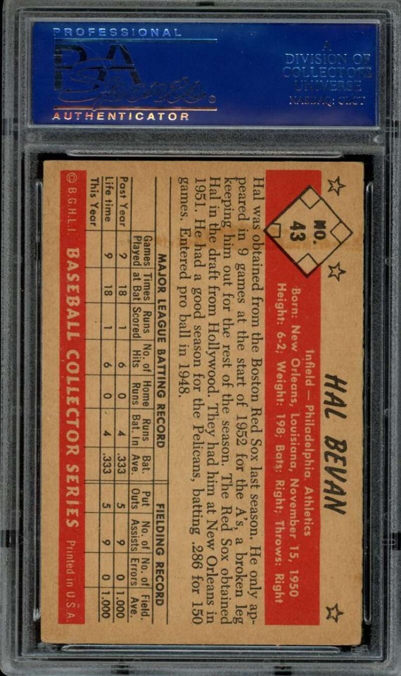 1953 Bowman Black & White 43 Hal Bevan BD 1950 PSA 4 RC Rookie ...