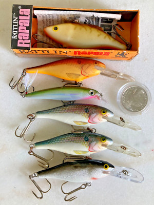 VTG RAPALA LOT 6 CRANKBAITS SHAD RAP BALSA RATTLIN DEEP DIVER LURES MIX ...