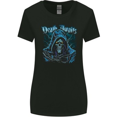 Death Awaits Evil Grim Reaper Teschio Donna più Ampia Taglio T-Shirt | eBay
