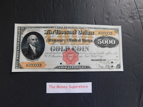 Reproduction U.S. $5,000 GoldCoin Dollar Bill Series 1882 Large size ...