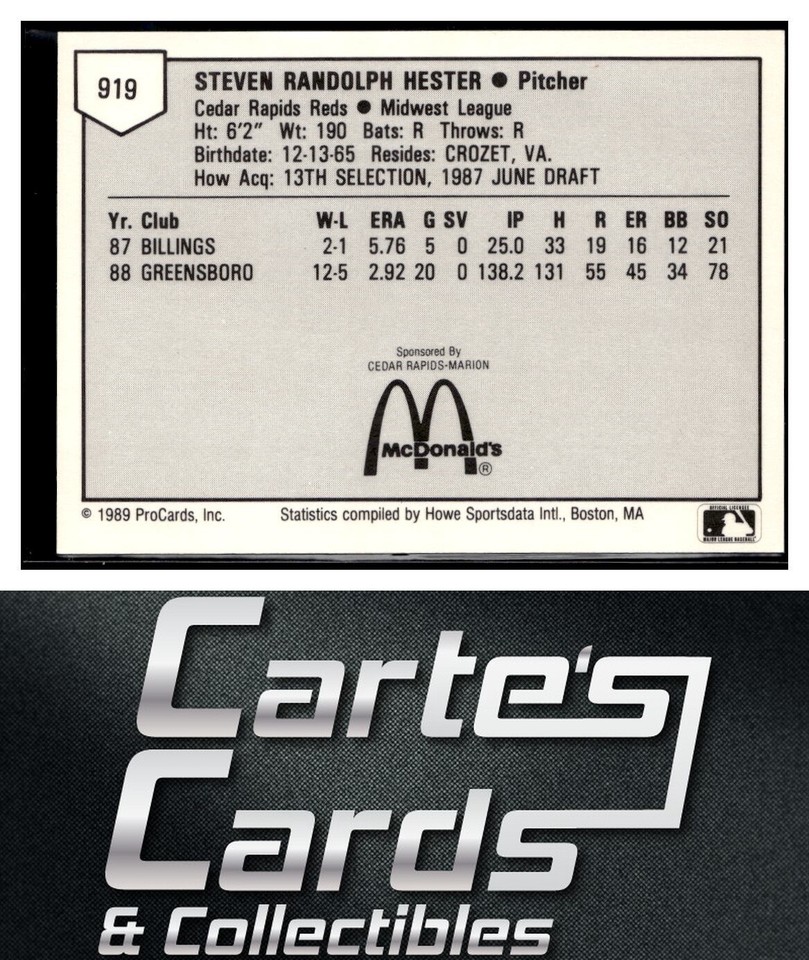 Steve Hester 1989 ProCards Minor League Team Sets #919 Cedar Rapids ...