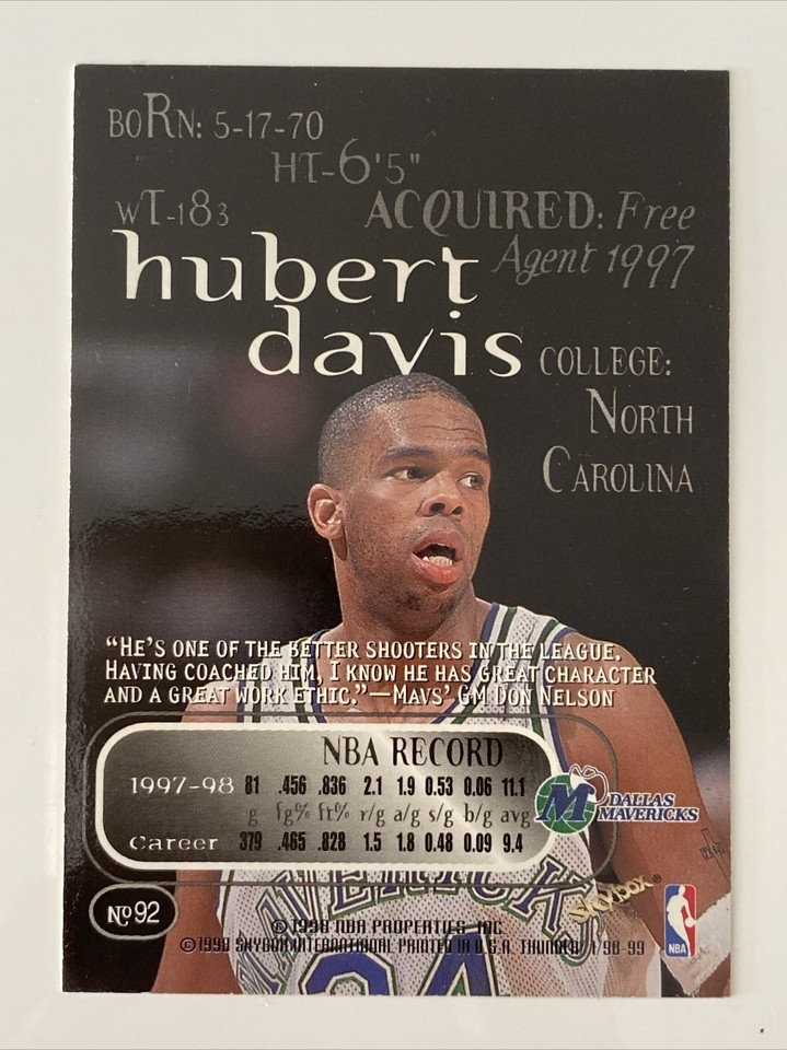 1998-99 SkyBox Thunder Dallas Mavericks Basketball Card #92 Hubert ...