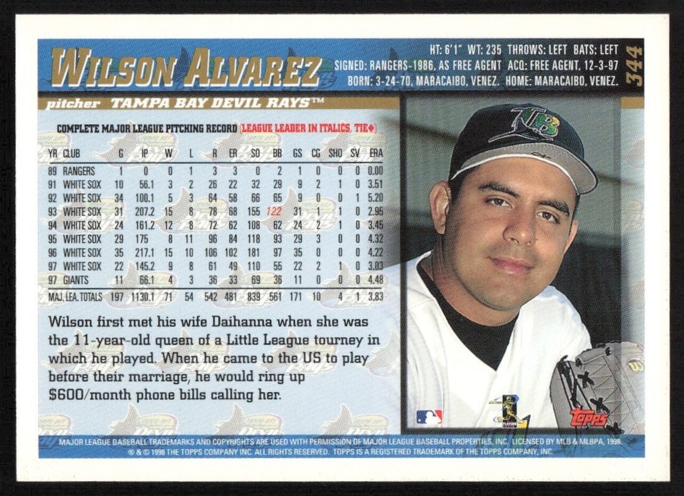 1998 Topps Baseball Wilson Alvarez #344 Tampa Bay Devil Rays | eBay