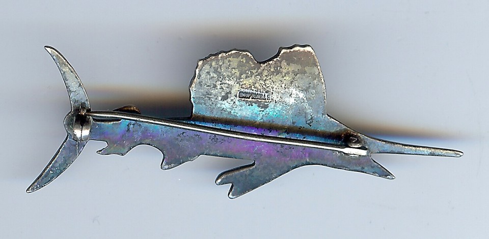 VINTAGE STERLING SILVER BLUE & WHITE ENAMEL SAILFISH FISH PIN BROOCH ...
