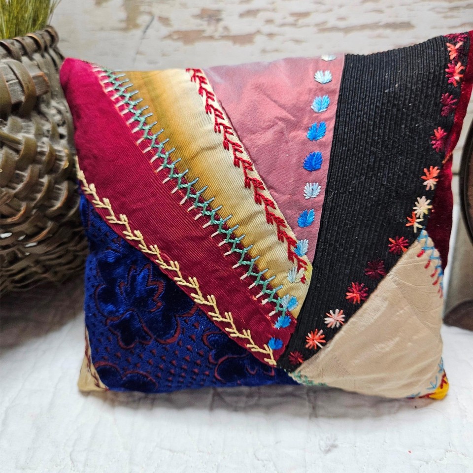 Antique Crazy Quilt Pillow Stunning Colors and Embroidered Stitching | eBay