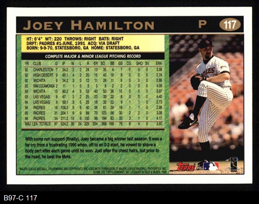 1997 Topps #117 Joey Hamilton Padres 8 - NM/MT | eBay