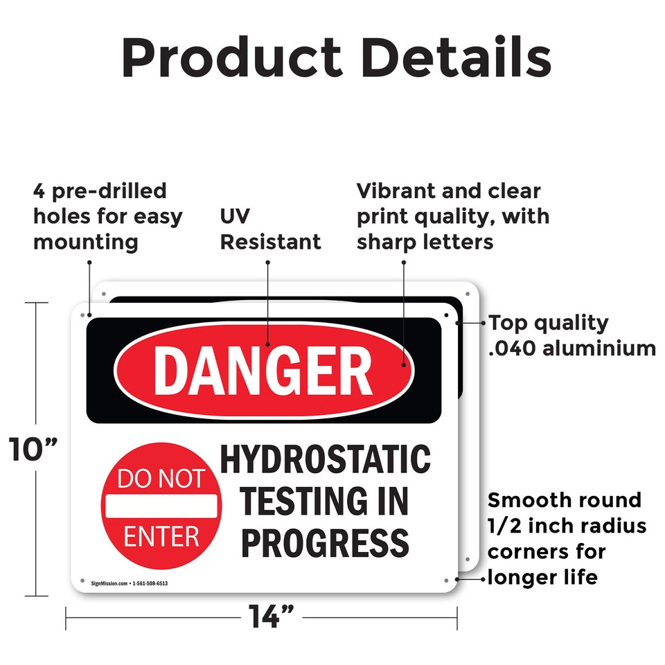 (2 Pack) Hydrostatic Testing In Progress OSHA Danger Sign Decal Metal ...