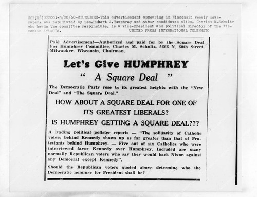 o41824 1960 orig photo politics Sen Hubert Humphrey Wisconsin newspaper ...
