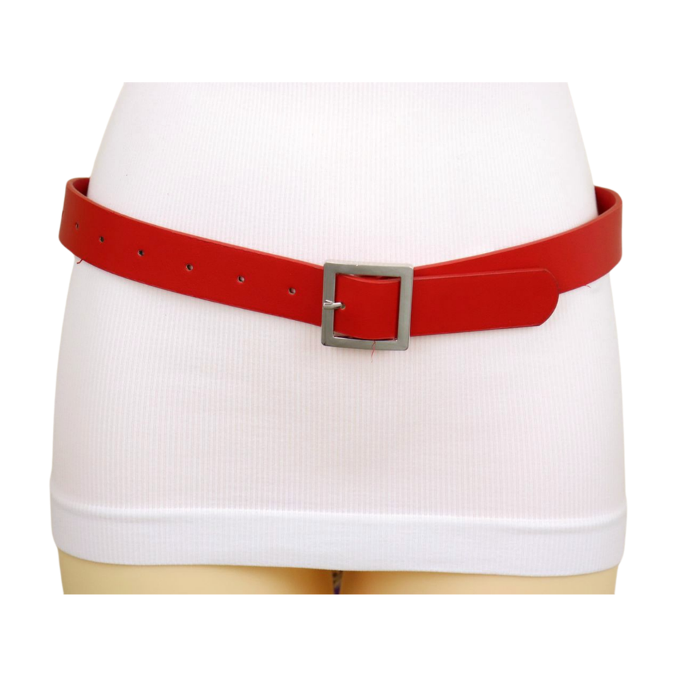 Women Red Faux Leather Skinny Classy Fashion Belt Silver Square Metal ...