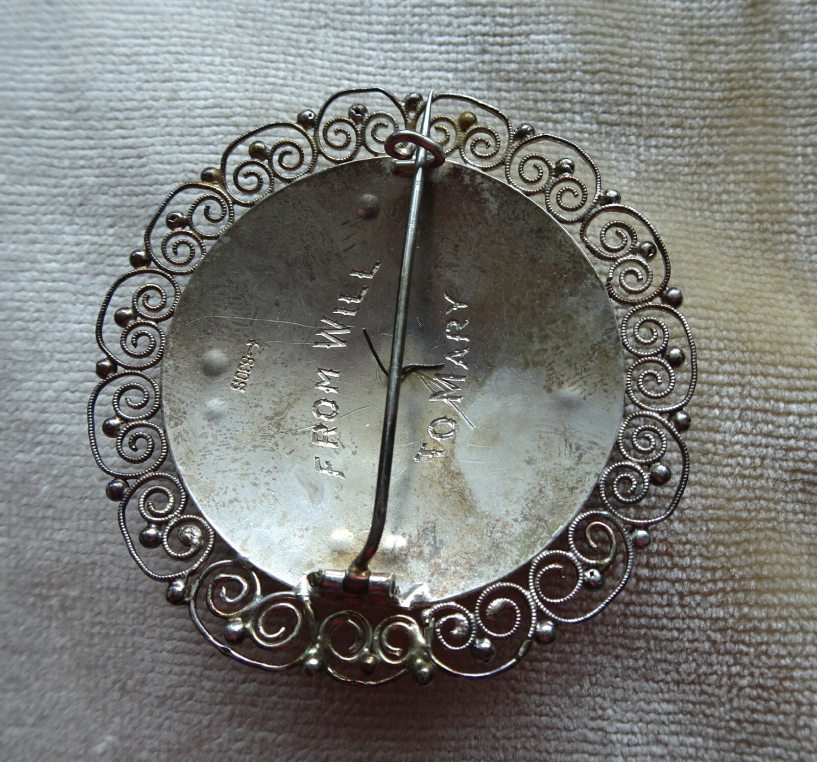 Antique Silver Filigree Round Circle Pin Brooch - Gem