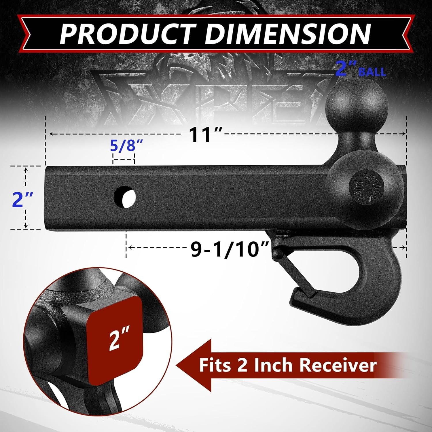 2" Trailer Hitch Tri Ball Mount with Hook 1-7/8", 2", 2-5/16" Black 10 ...