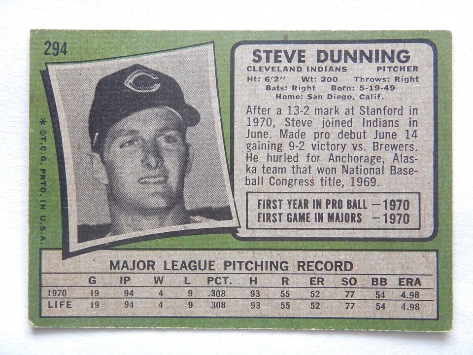Steve Dunning #294 Topps 1971 Baseball Card (Cleveland Indians) G | eBay
