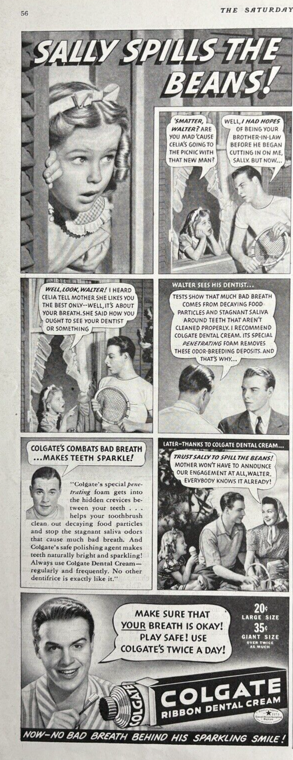 1940 Colgate Ribbon Dental Cream Bad Breath Sally Spills Beans Vintage ...