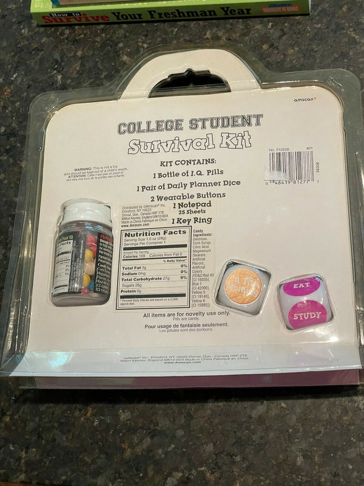 College Student Survival Novelty Kit Joke Bundle: Button, dice, “cash ...