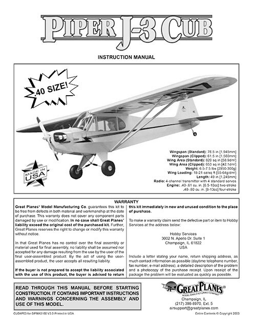 Great Planes Model Airplane Plans (RC): PIPER J3 CUB 1/5.5 Scale 76 ...